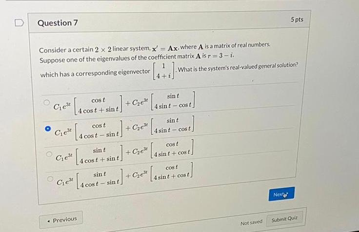Solved Question 7 5 pts Consider a certain 2 x 2 linear | Chegg.com