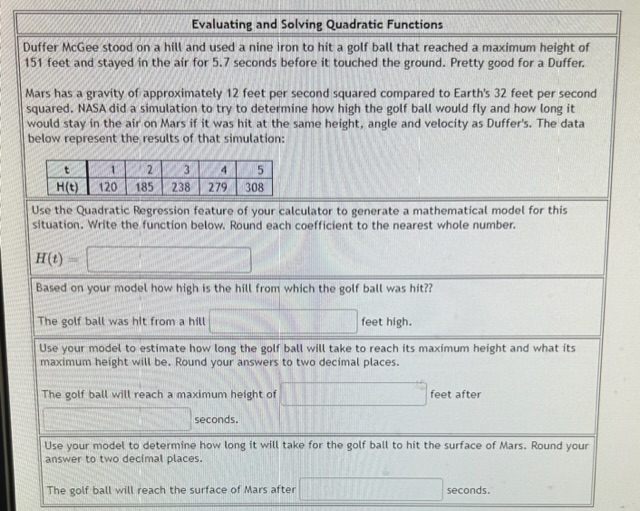 Solved Evaluating and Solving Quadratic Functions Duffer | Chegg.com