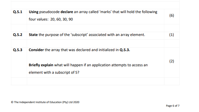 Solved Q51 Using Pseudocode Declare An Array Called 0020