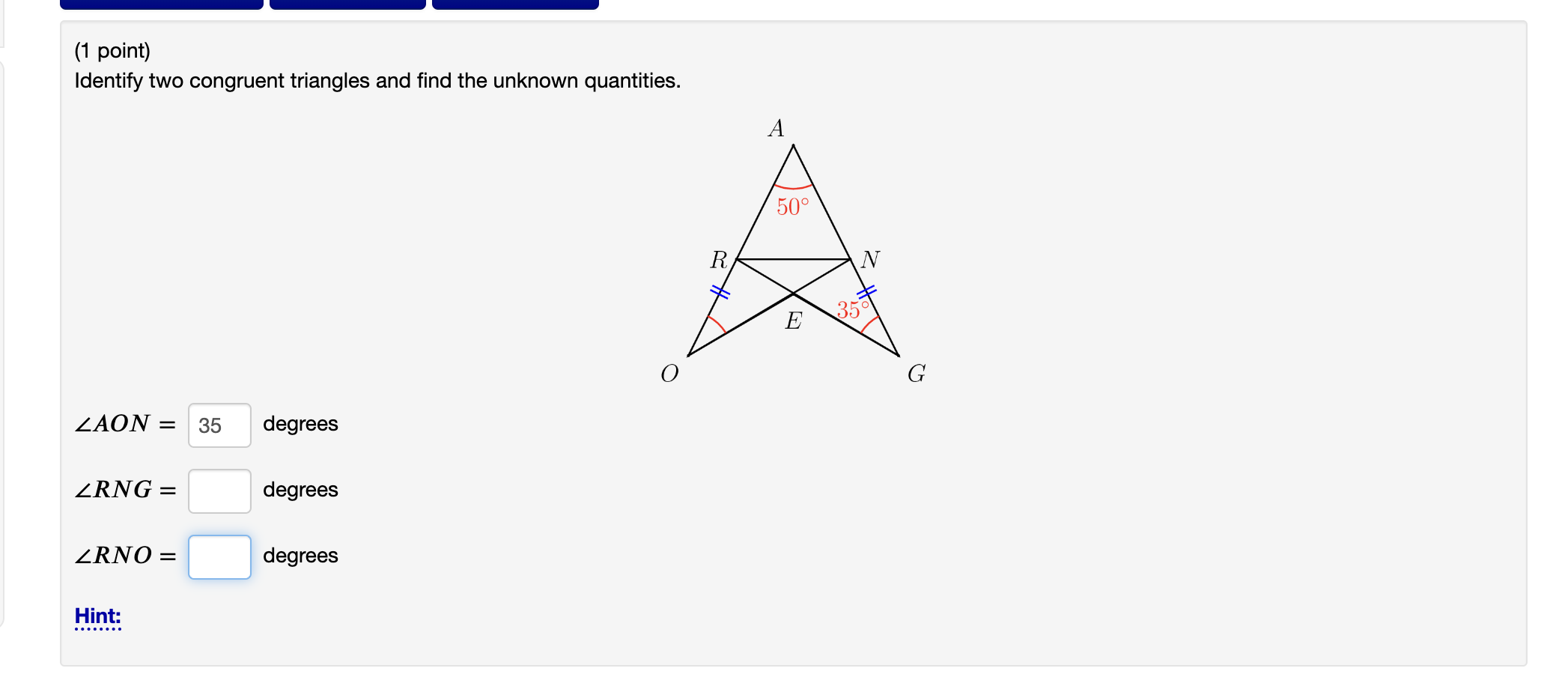 Solved (1 point) Identify two congruent triangles and find | Chegg.com