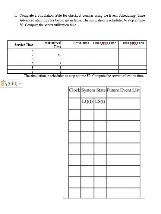 Solved 1. Complete a Simulation table for checkout counter | Chegg.com