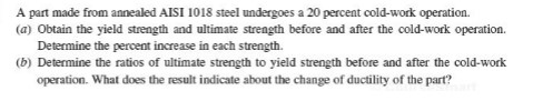 Solved A part made from annealed AISI 1018 steel undergoes a | Chegg.com