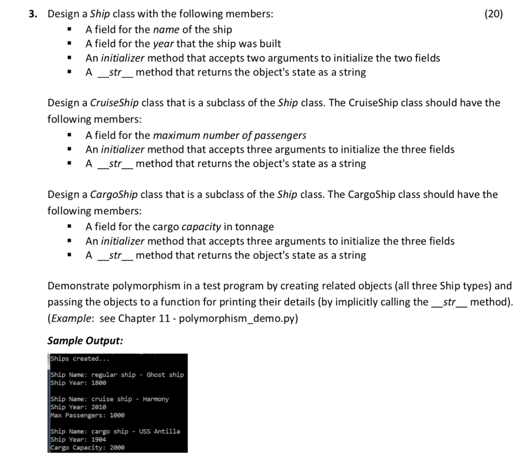 Solved (20) 3. Design a Ship class with the following | Chegg.com