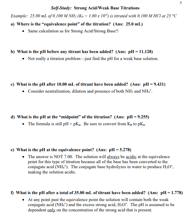 Solved 5 Self-Study: Strong Acid/Weak Base Titrations | Chegg.com