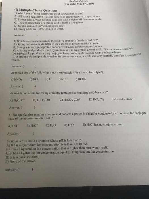 Solved Acids and Bases (Due date: May 1,2019) (I) | Chegg.com