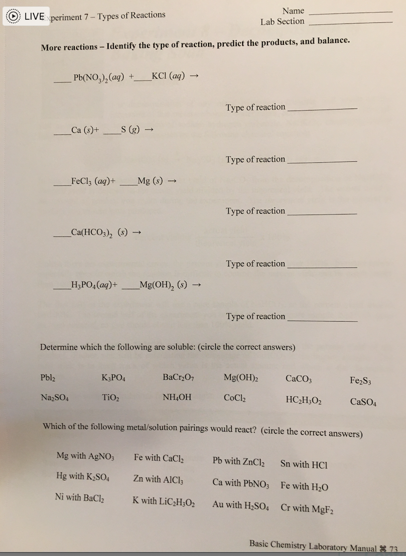 Solved LIVE 7 - Types of Reactions Name Lab Section | Chegg.com