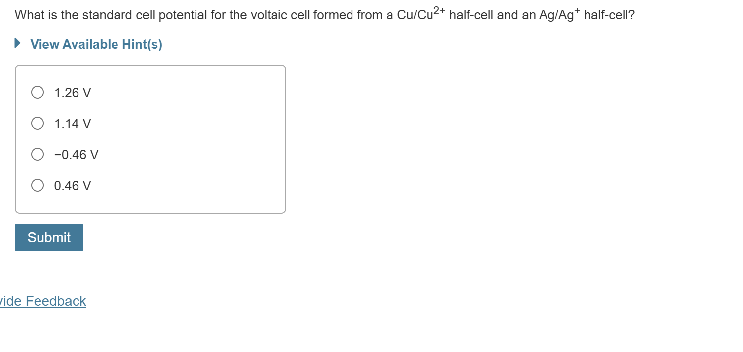 Solved What is ﻿the standard cell potential for the voltaic | Chegg.com