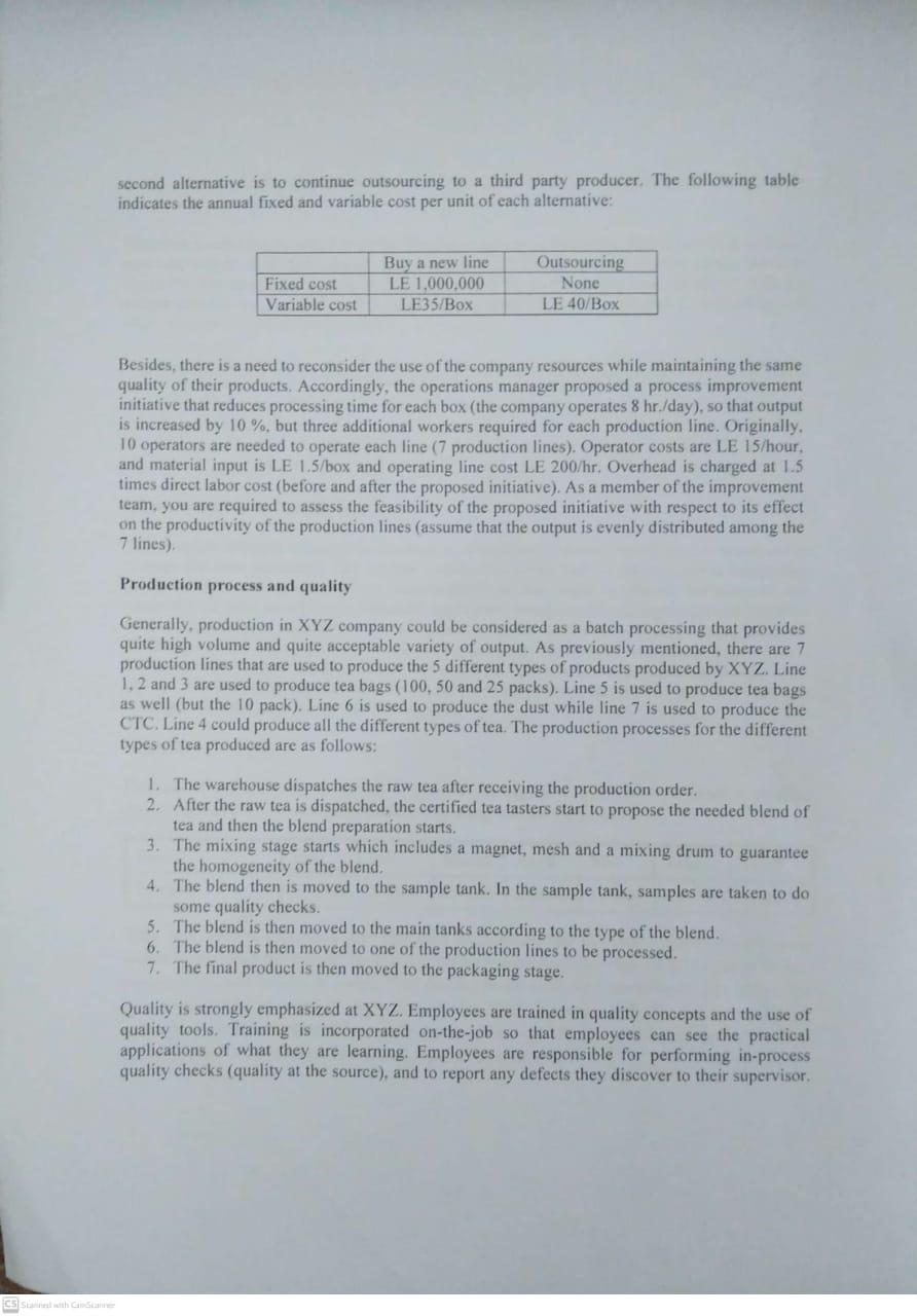 Solved XYZ Company for Tea Production XYZ is a prominent | Chegg.com