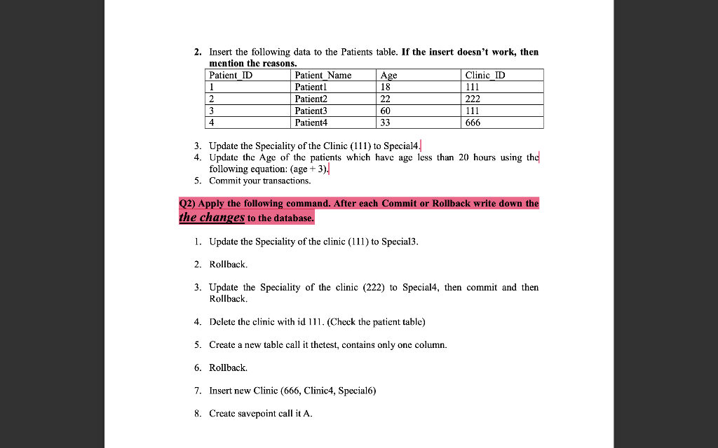 Solved DATABASE DML SQL JUST SOLVE THE HIGHLIGHTED IN PINK | Chegg.com