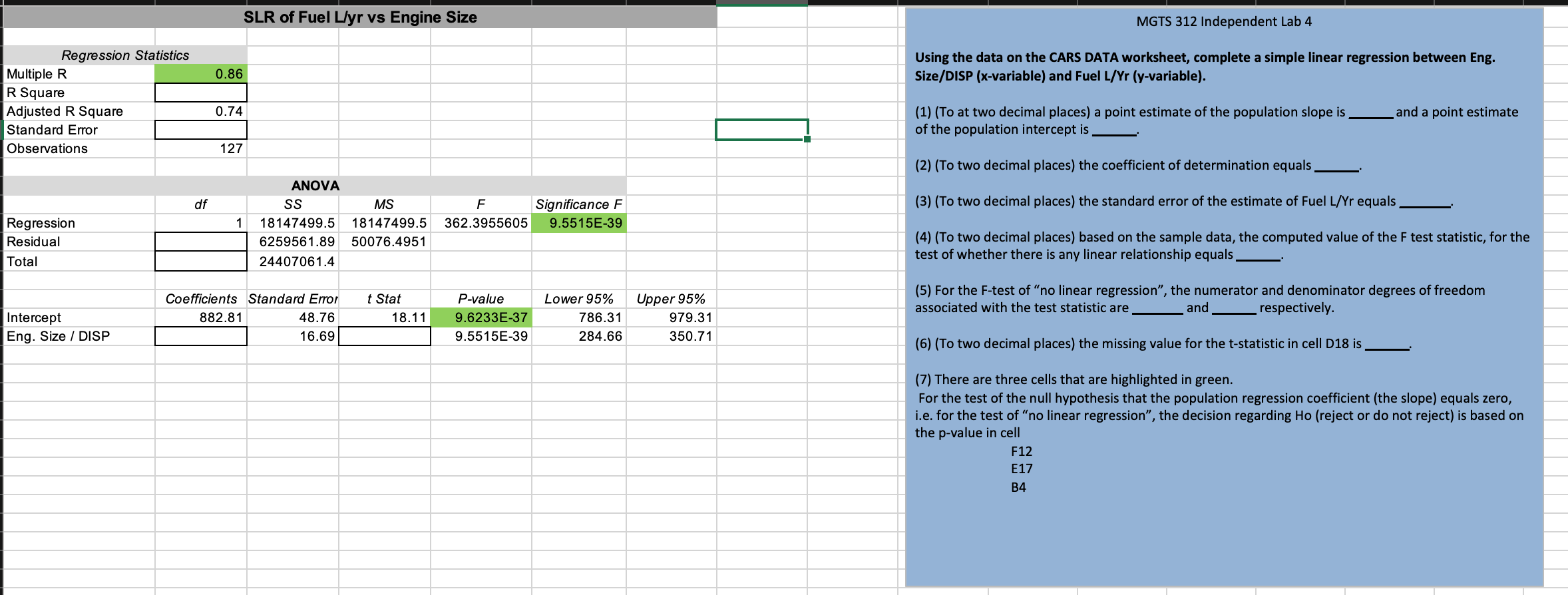 Solved MGTS 312 Independent Lab 4 Using the data on the | Chegg.com