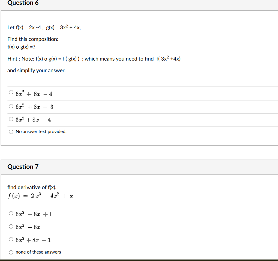 Solved Question 6 Let f(x) = 2x -4, g(x) = 3x2 + 4x, Find | Chegg.com