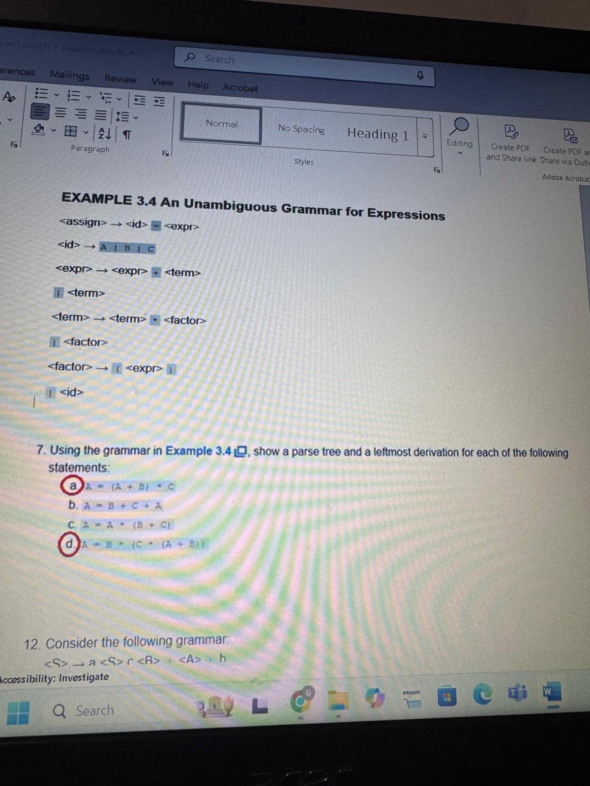 Solved EXAMPLE 3.4 ﻿An Unambiguous Grammar for | Chegg.com