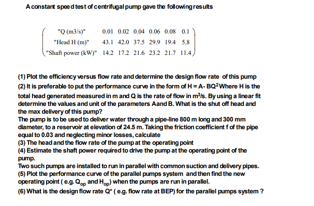 Solved A constant spee d test of centrifugal pump gave the | Chegg.com
