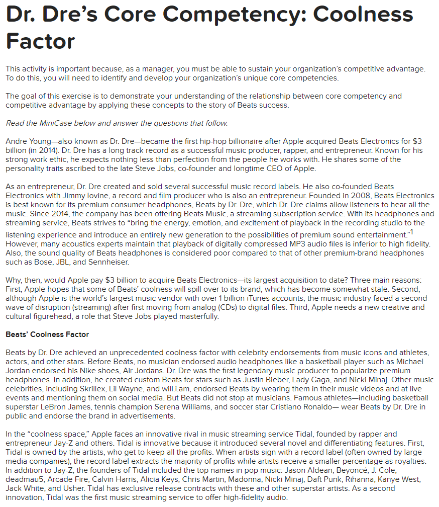 Solved Dr. Dre's Core Competency: Coolness Factor This | Chegg.com
