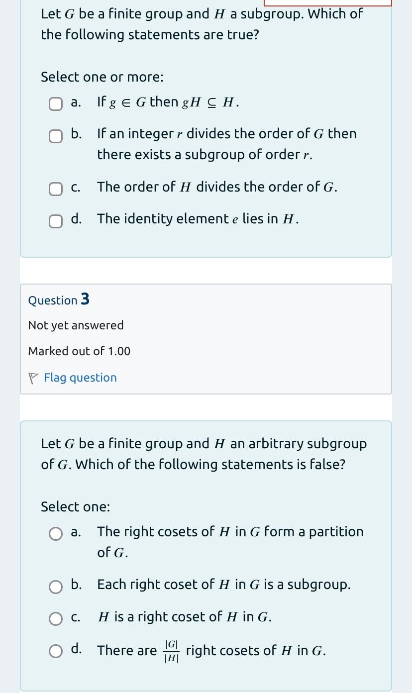 Solved Let G be a finite group and H a subgroup. Which of | Chegg.com
