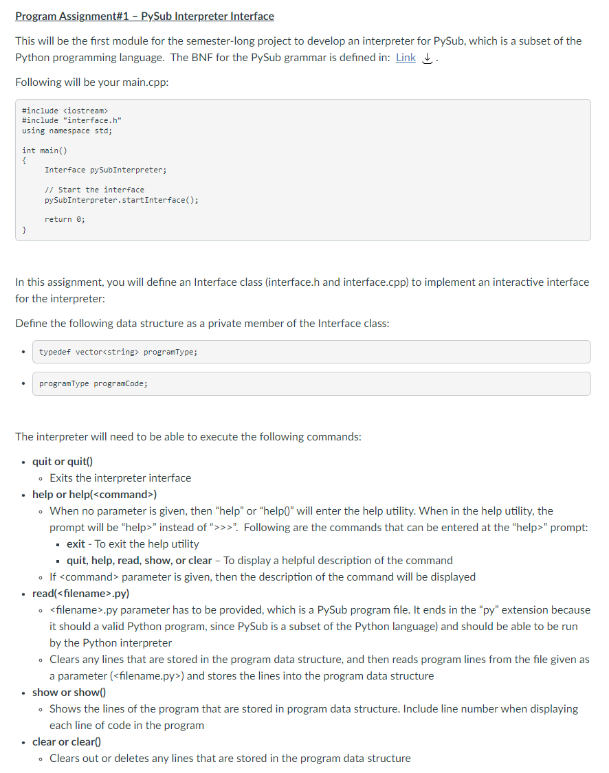 Solved Program Assignment#1 - PySub Interpreter Interface | Chegg.com