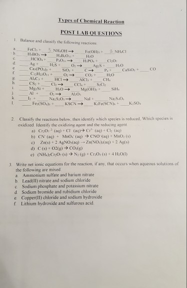 Solved Types of Chemical Reaction POST LAB QLUESTIONS 1 | Chegg.com