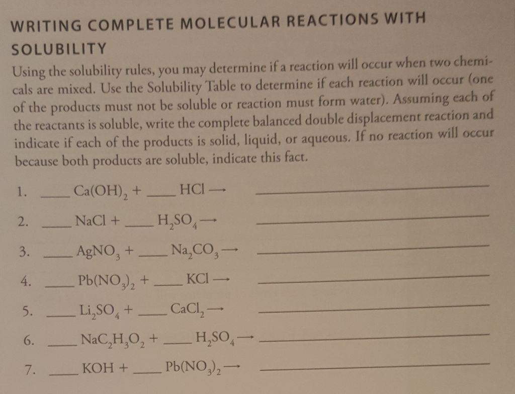 WRITING COMPLETE MOLECULAR REACTIONS WITH SOLUBILITY | Chegg.com