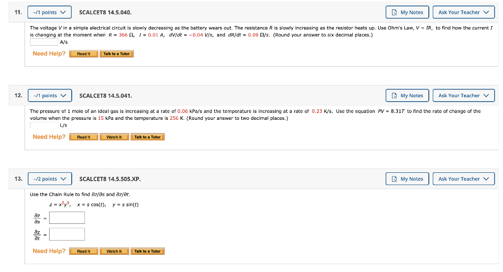 Solved 11. -/1 points v SCALCETS 14.5.040. My Notes Ask Your | Chegg.com Solved 11. -/1 points v SCALCETS 14.5.040. My Notes Ask Your | Chegg.com