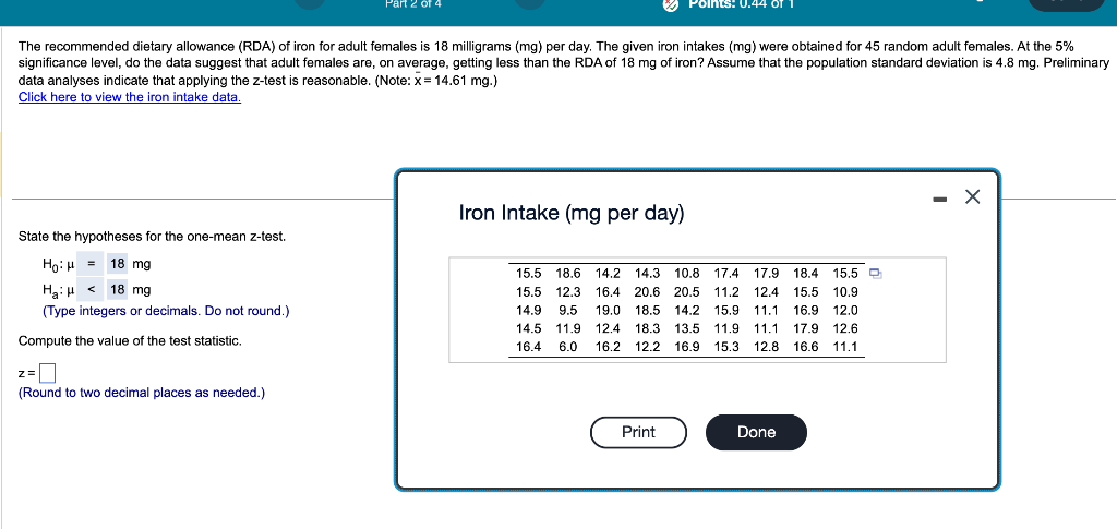 Solved The recommended dietary allowance (RDA) of iron for | Chegg.com