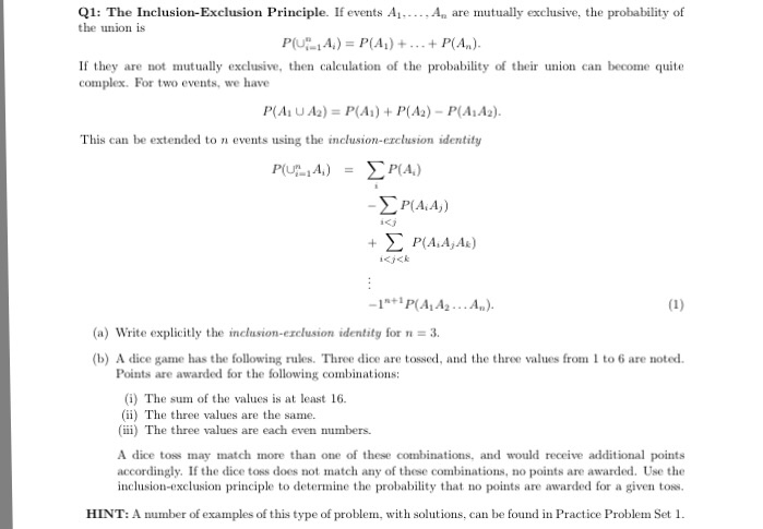 Solved Q1: The Inclusion-Exclusion Principle. If events | Chegg.com