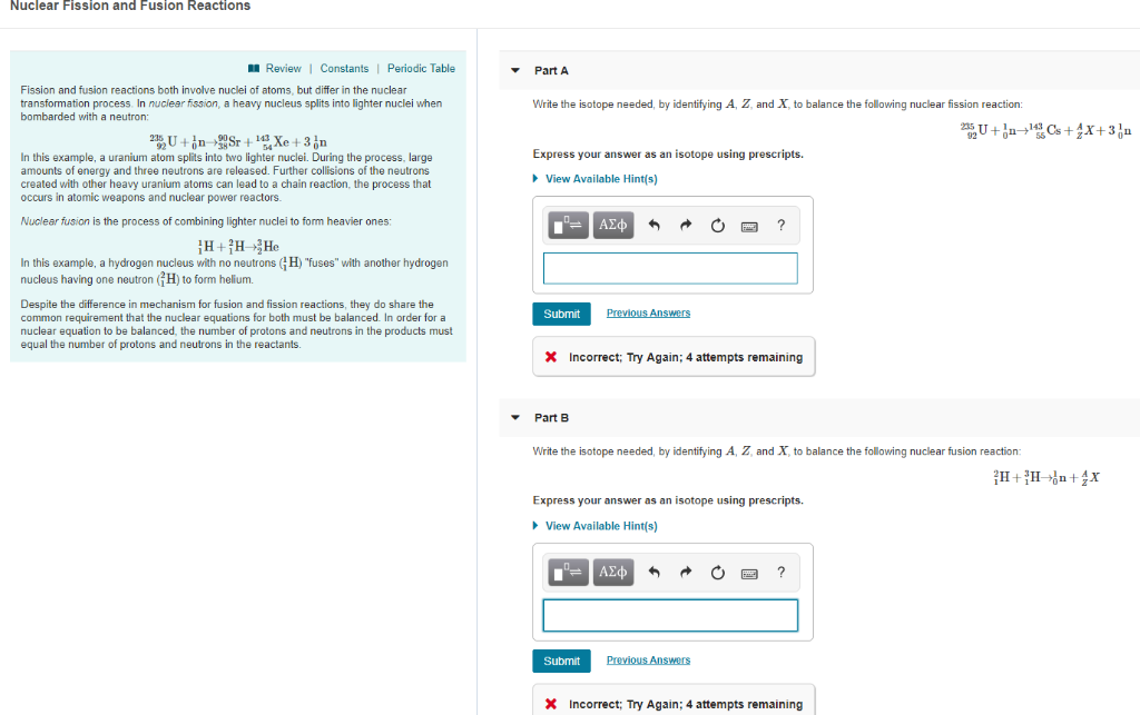 Solved Nuclear Fission and Fusion Reactions Review Constants | Chegg.com