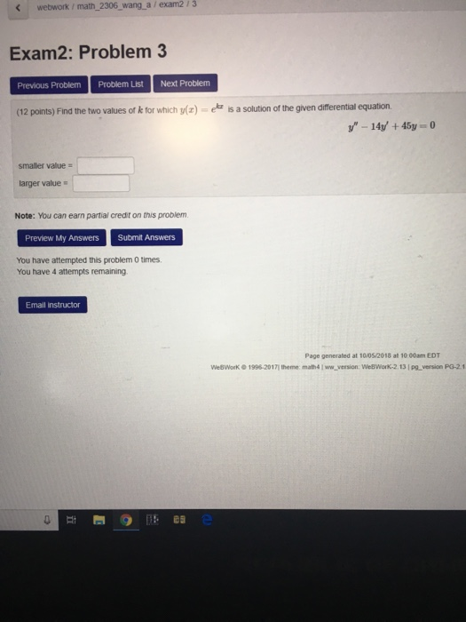 Solved webwork / math 2306 wang a / exam2/3 Exam2: Problem 3 | Chegg.com