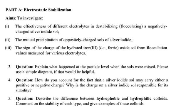 Solved PART A: Electrostatic Stabilization Aims: To | Chegg.com