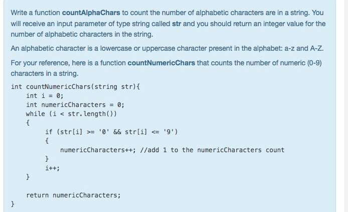 Solved Write a function countAlphaChars to count the number | Chegg.com