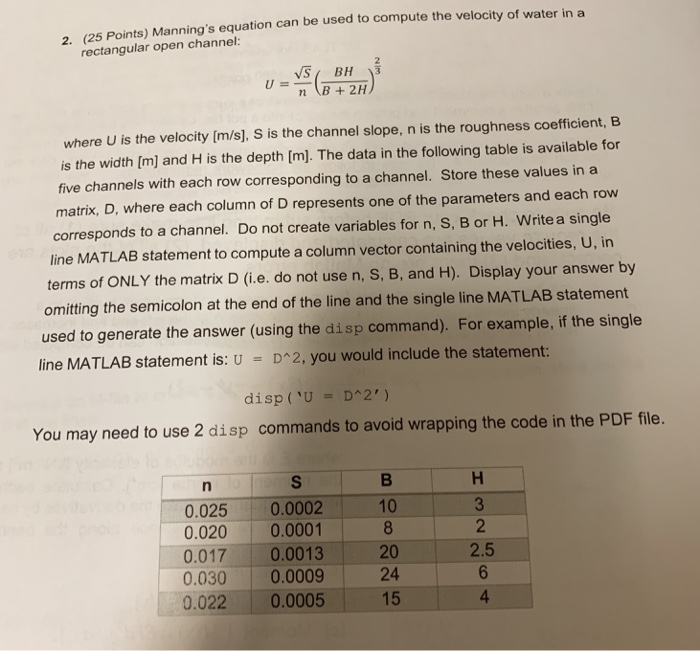 Solved 2 25 Points Mannings Equation Can Be Used To