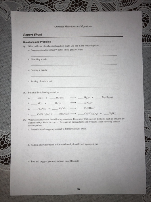 Solved Chemical Reactions and Equations Report Sheet Name | Chegg.com