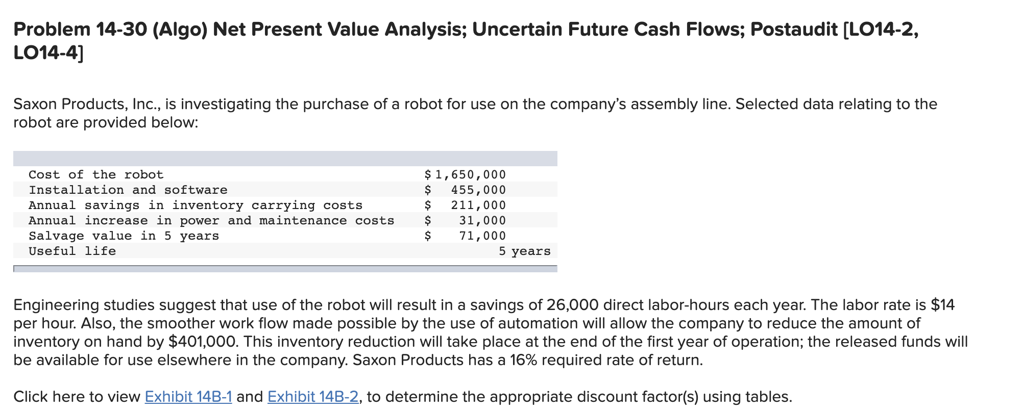 Solved Problem 14-30 (Algo) Net Present Value Analysis; | Chegg.com