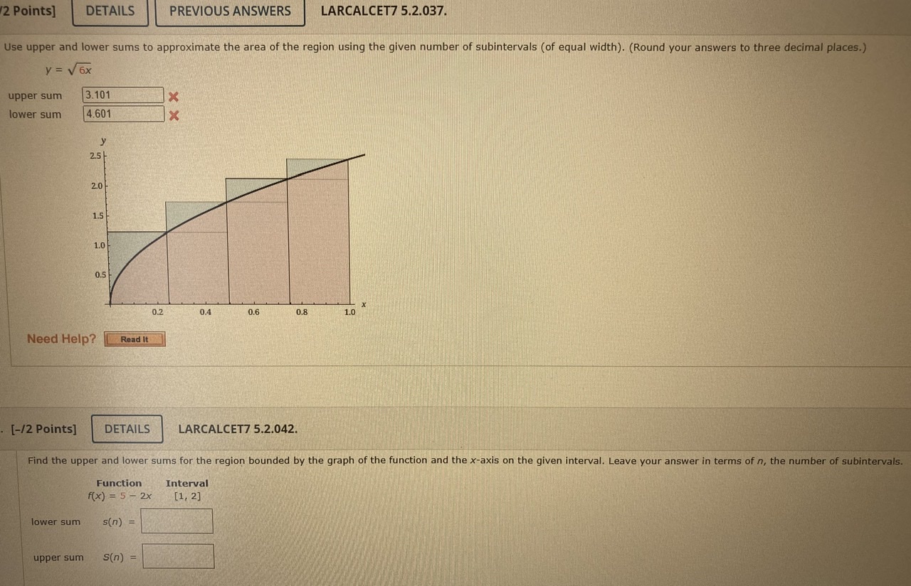 Solved Use upper and lower sums to approximate the area of | Chegg.com