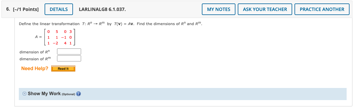 Solved 6. [-/1 Points) DETAILS LARLINALG8 6.1.037. MY NOTES | Chegg.com