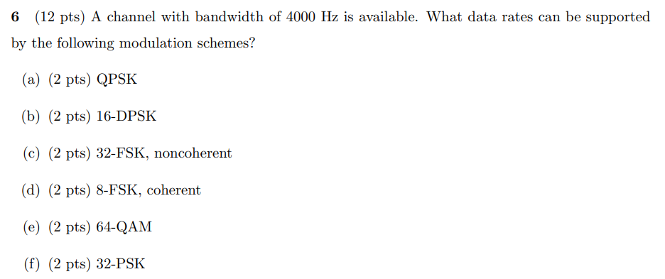 Solved 6 (12 pts) A channel with bandwidth of 4000 Hz is | Chegg.com