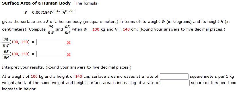 Solved Surface Area of a Human Body The formula | Chegg.com