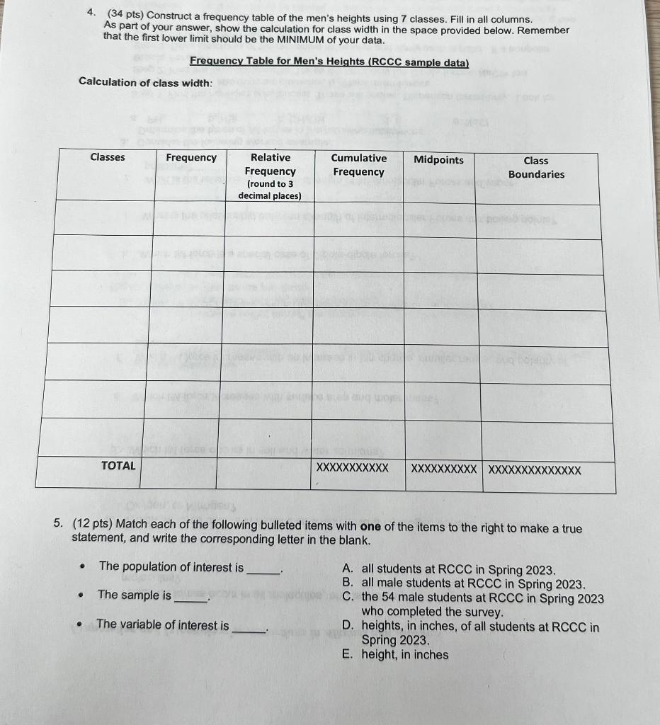 Solved 4. (34 pts) Construct a frequency table of the men's | Chegg.com