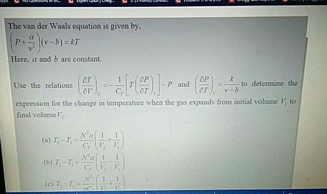 Solved The van der Waals equation is given by, a (v-b) = KT | Chegg.com