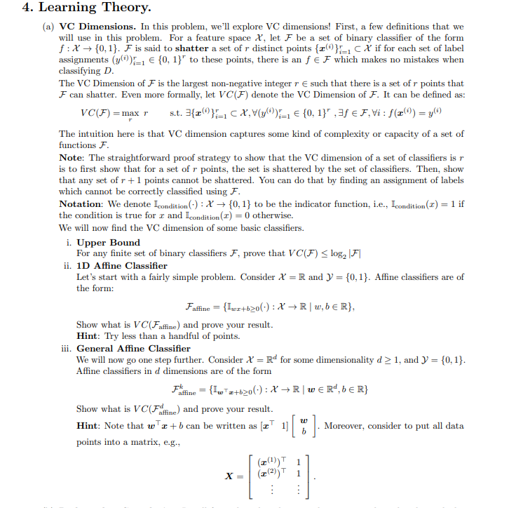 Learning Theory. (a) VC Dimensions. In this problem, | Chegg.com