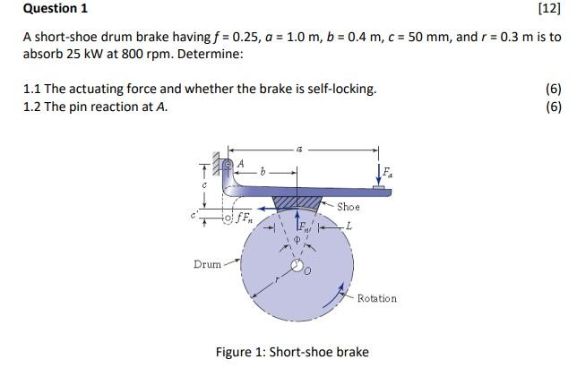 Solved Question 1 [12] A short-shoe drum brake having f = | Chegg.com