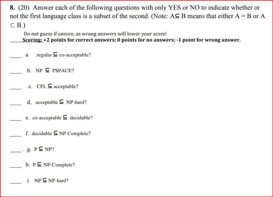 Solved 8. (20) Answer each of the following questions with | Chegg.com