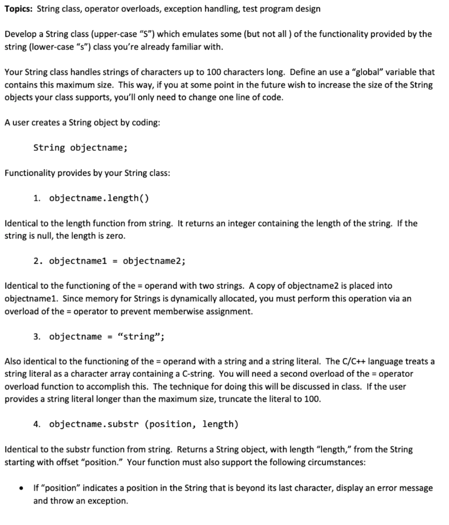 Topics String Class Operator Overloads Exception 