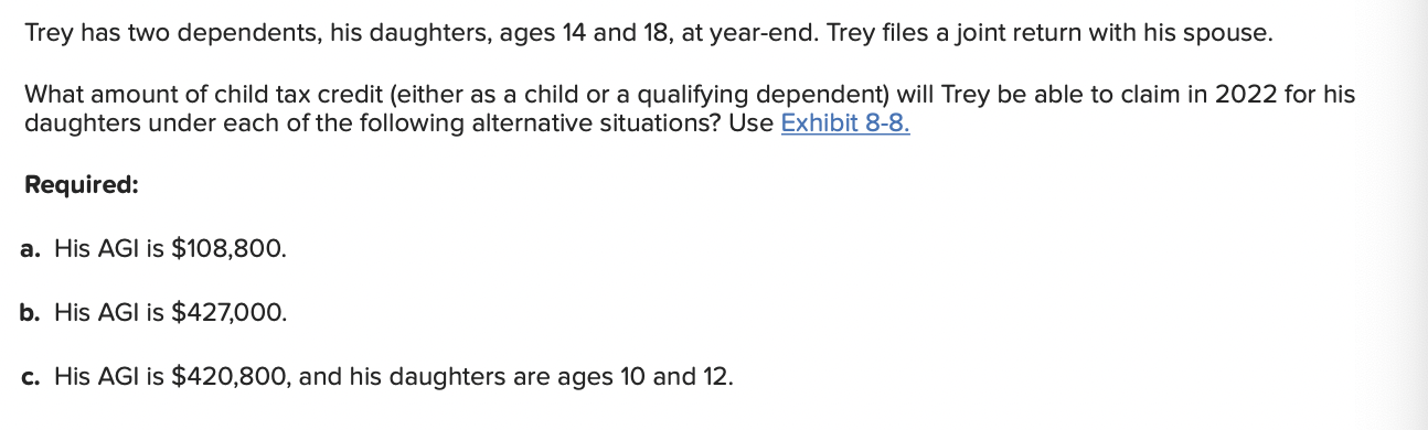 Solved EXHIBIT 8-8 Child Tax Credit Phase-Out ThresholdTrey | Chegg.com