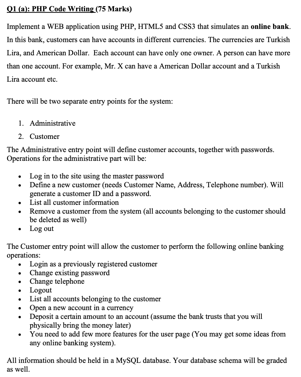 01 (a): PHP Code Writing (75 Marks) Implement a WEB | Chegg.com