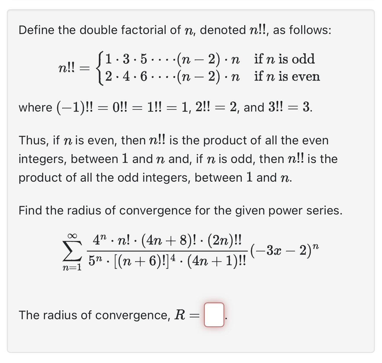 Solved Define the double factorial of n, ﻿denoted n!!, ﻿as | Chegg.com