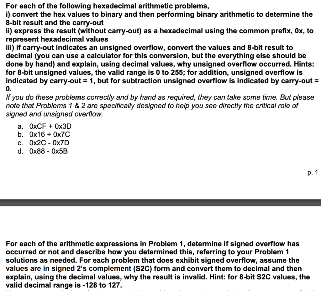 Solved For each of the following hexadecimal arithmetic | Chegg.com