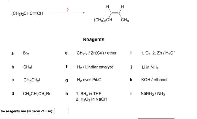Solved н н ? (CH3)2CHC=CH (CH3)2CH CH3 Reagents a Br2 CH2l2/ | Chegg.com