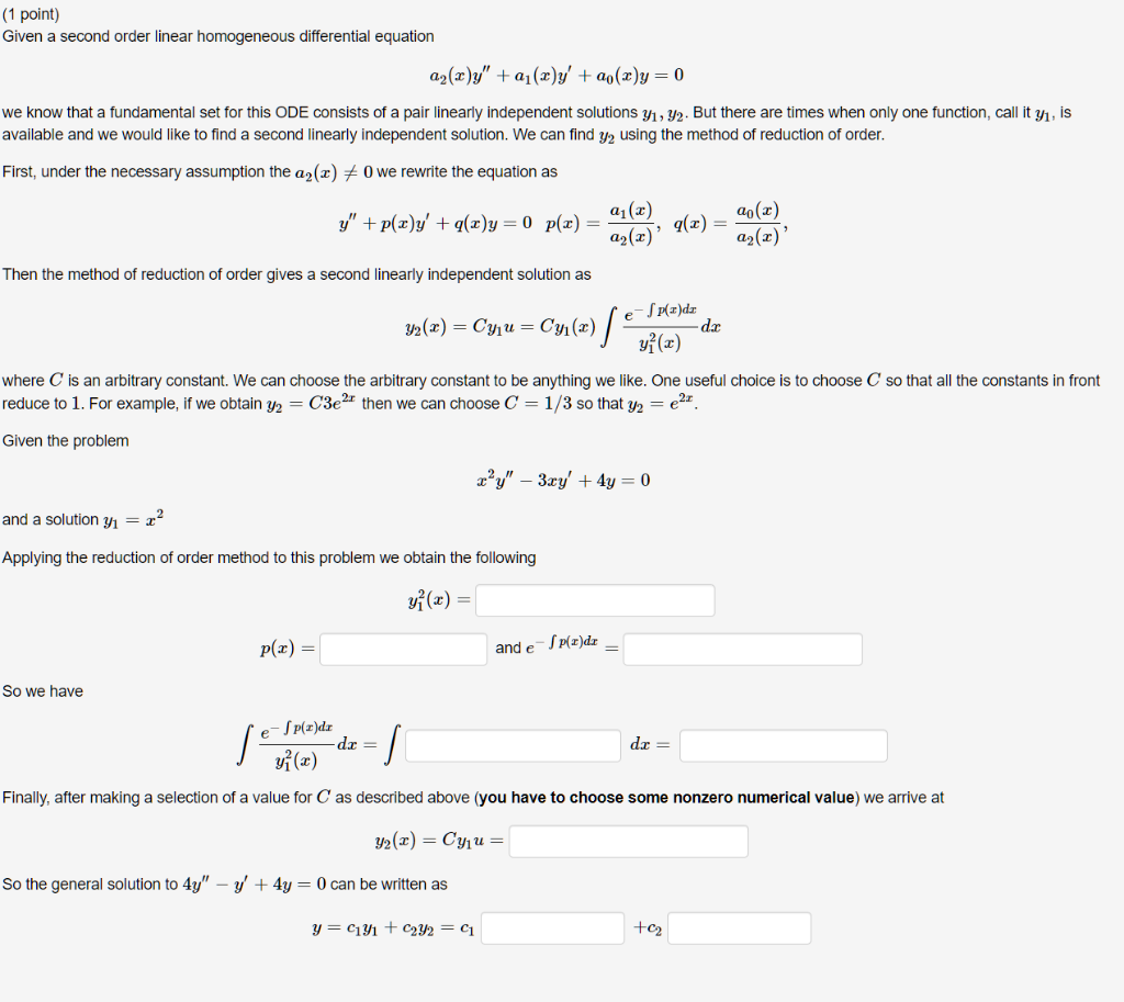 Solved (1 point) Given a second order linear homogeneous | Chegg.com