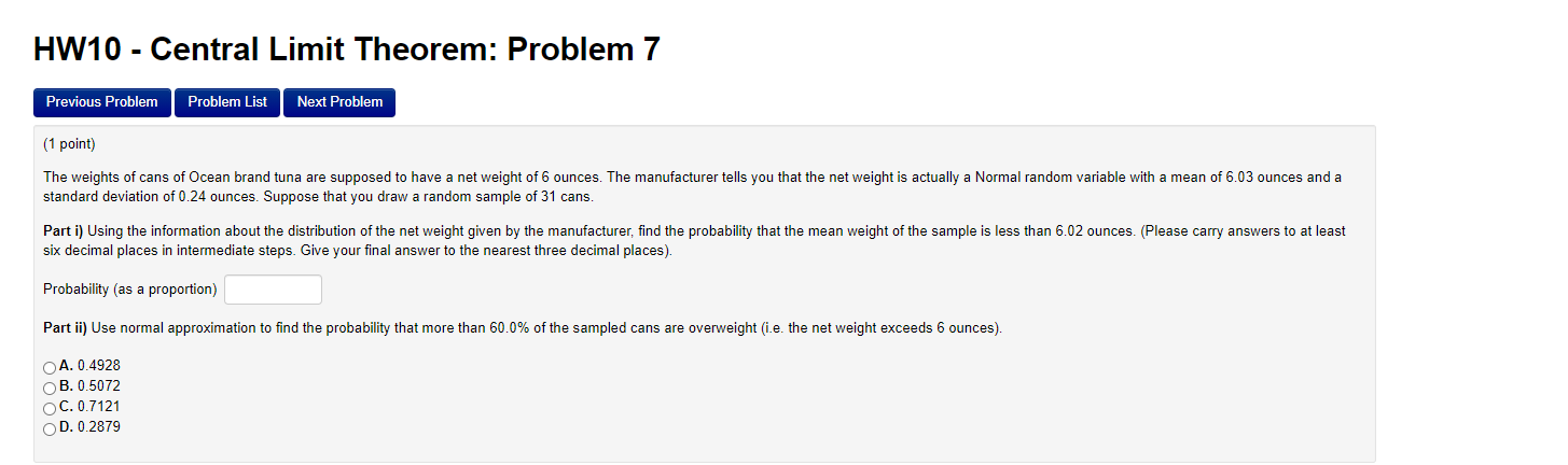 Solved HW10 - Central Limit Theorem: Problem 7 Previous | Chegg.com