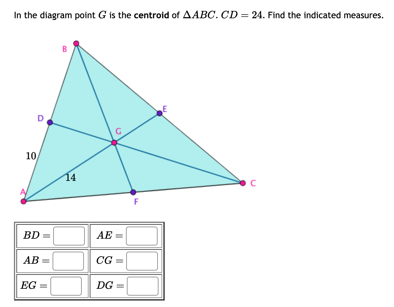 Solved In the diagram point G is the centroid of ABC.CD=24. | Chegg.com